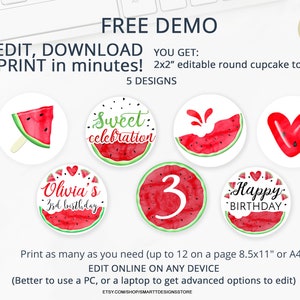 Editable Watermelon 3rd Party Cupcake Toppers Template, Girl Third ...
