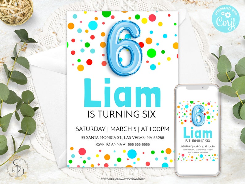 Editable Boy 6th Birthday Polka Dots Invitation Boy Sixth - Etsy