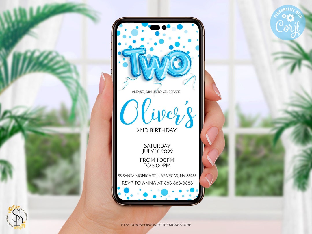 Editable Second Birthday Text Invite, Blue Polka Dots 2nd Birthday ...