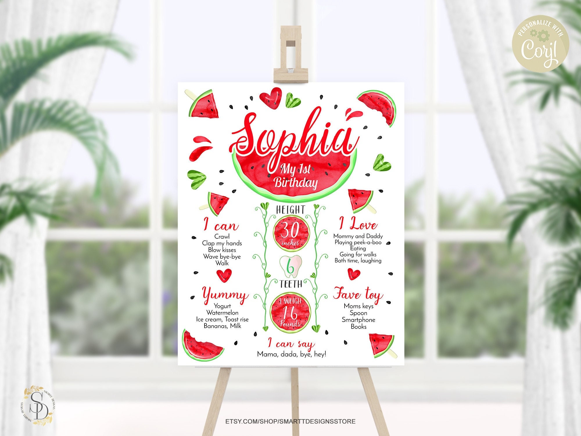 Editable Watermelon Girl 1st Birthday Milestone Board, One Melon Red ...