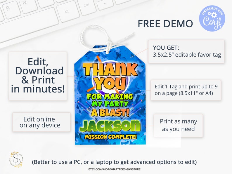 Editable Dart Gun Birthday Thank You Tag Gun Blasters Battle - Etsy