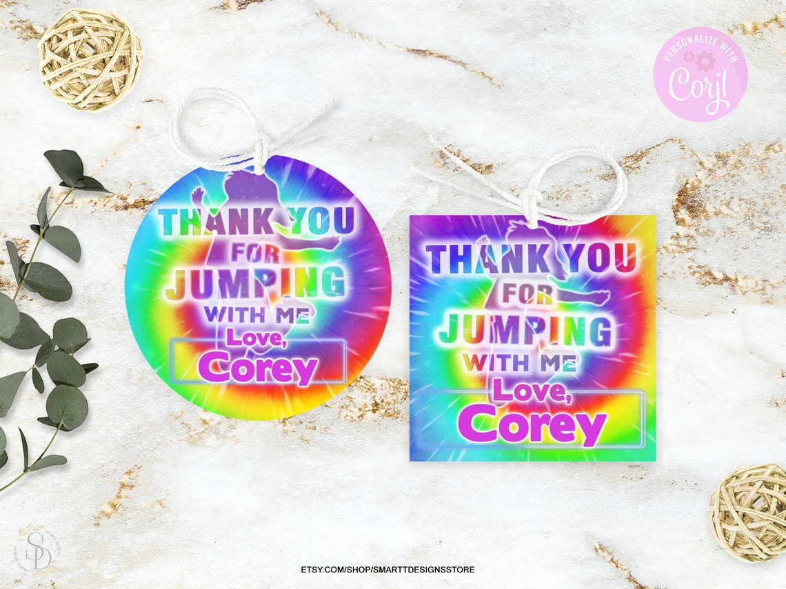 Editable Jump Birthday Party Thank You Tag, Tie Dye Jump Party Favor ...