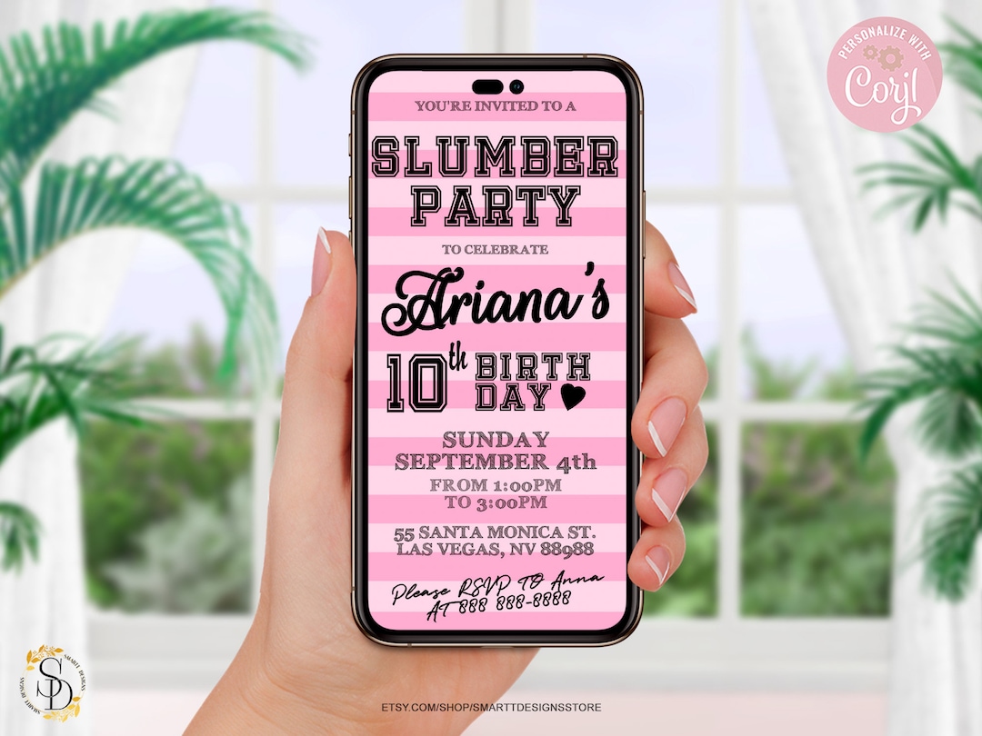 Editable Girls Slumber Party Text Invite, Sleepover Party Mobile Phone ...