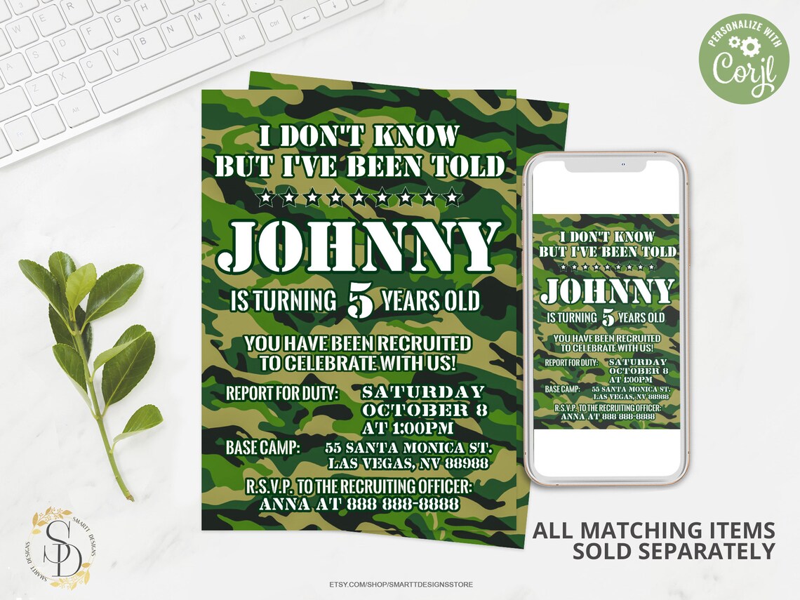 Editable Army Birthday Invitation Boy Military Party Mobile - Etsy