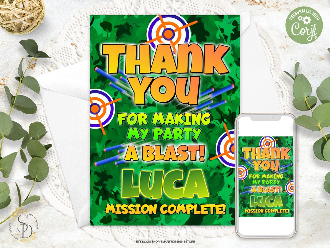 Editable Dart Gun Birthday Thank You Card, Gun Blasters Battle Party ...
