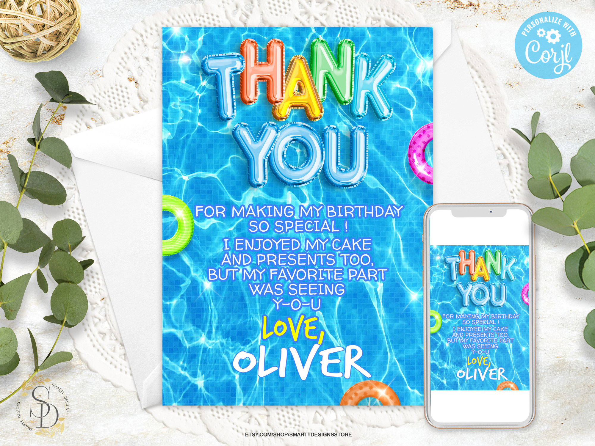 Editable Pool Party Thank You Card, Summer Pool Birthday Thank You Note ...