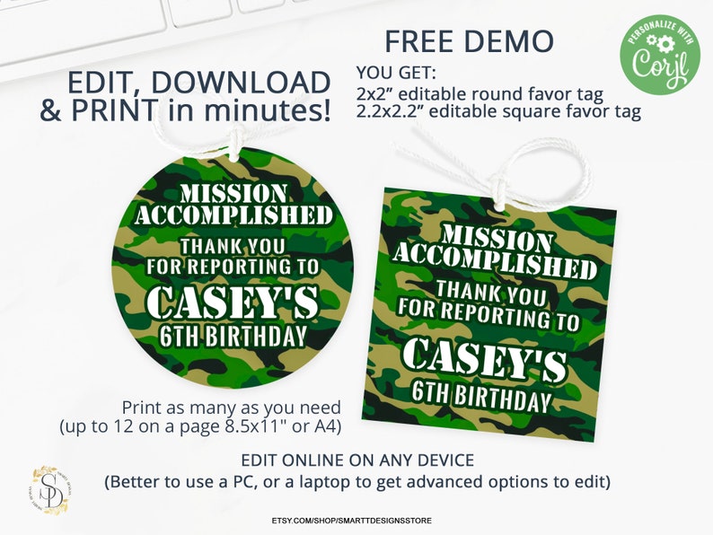 Editable Army Birthday Thank You Tags, Boy Military Party Favor Labels ...