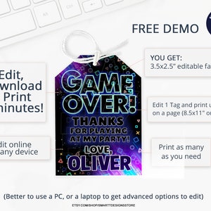 Editable Game Over Thank You Tags, Gamer Party Supply, Printable Video ...