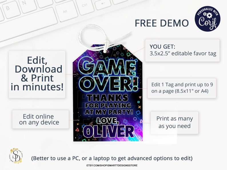 Editable Game Over Thank You Tags, Gamer Party Supply, Printable Video ...