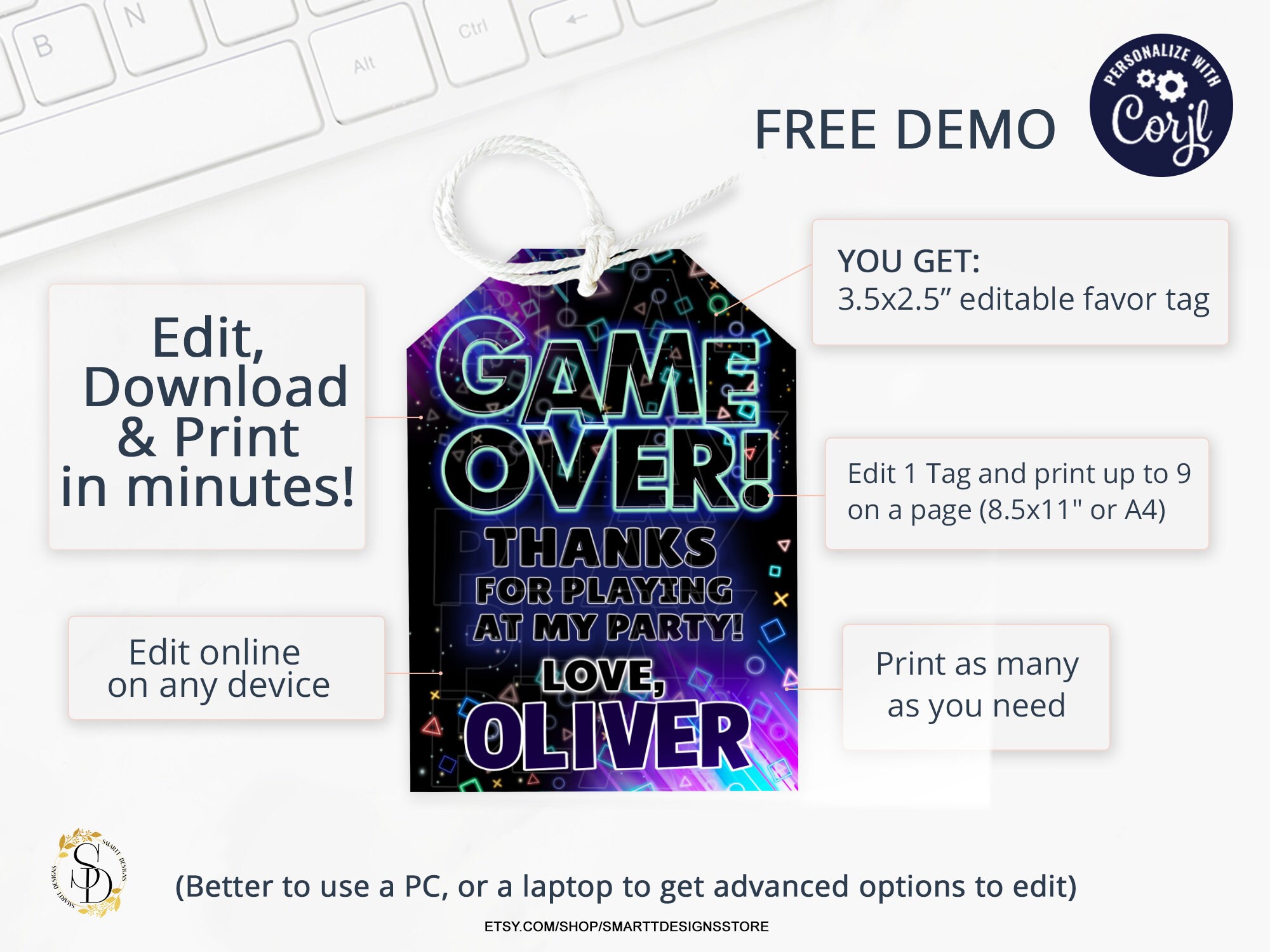 Editable Game Over Thank You Tags, Gamer Party Supply, Printable Video ...