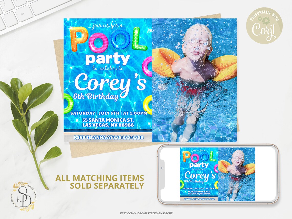 Editable Pool Party Favor Label, Gender Neutral Swimming Birthday ...