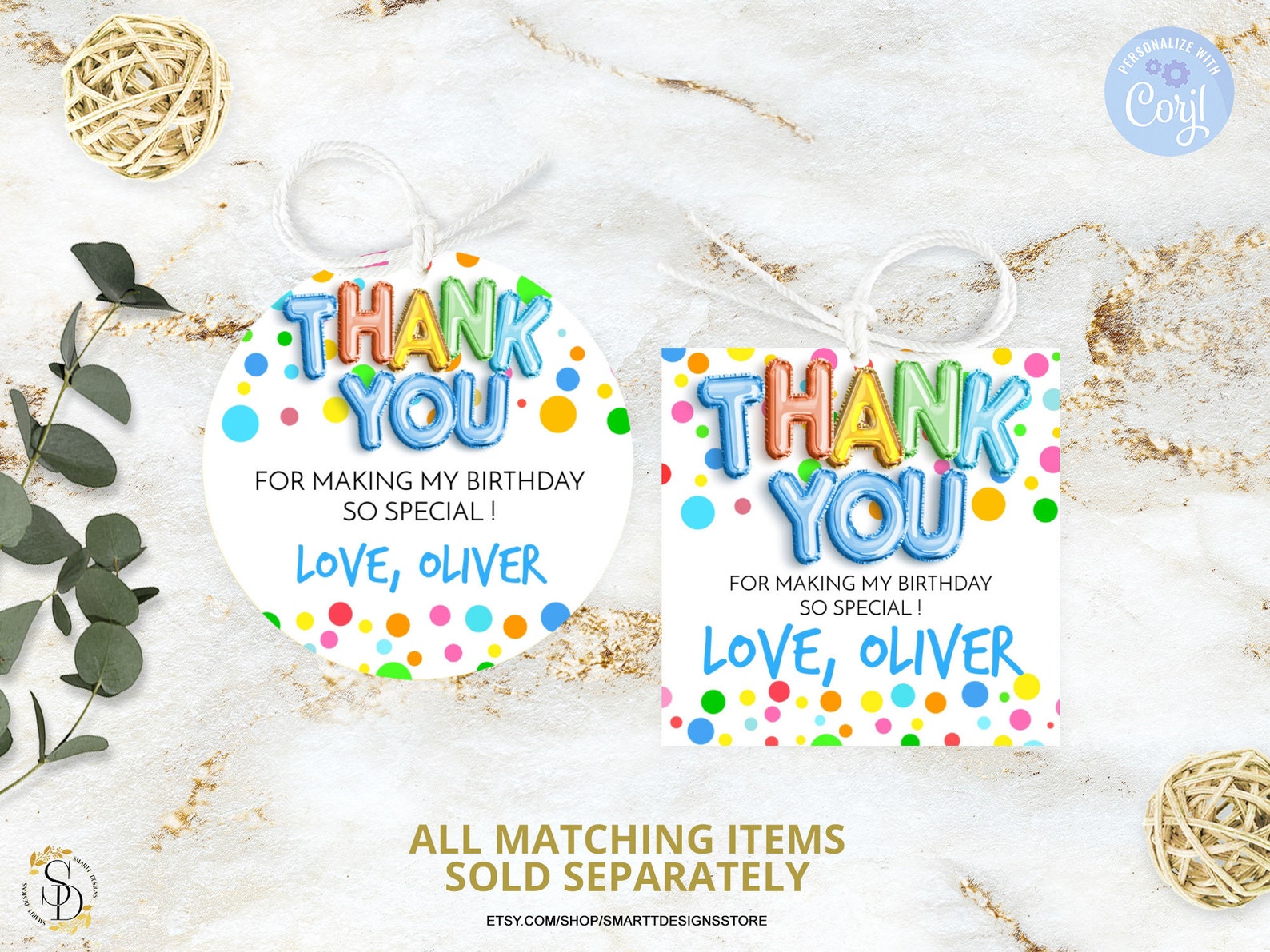 Editable Polka Dots Birthday Thank You Tag, Kids Party Favor Labels ...