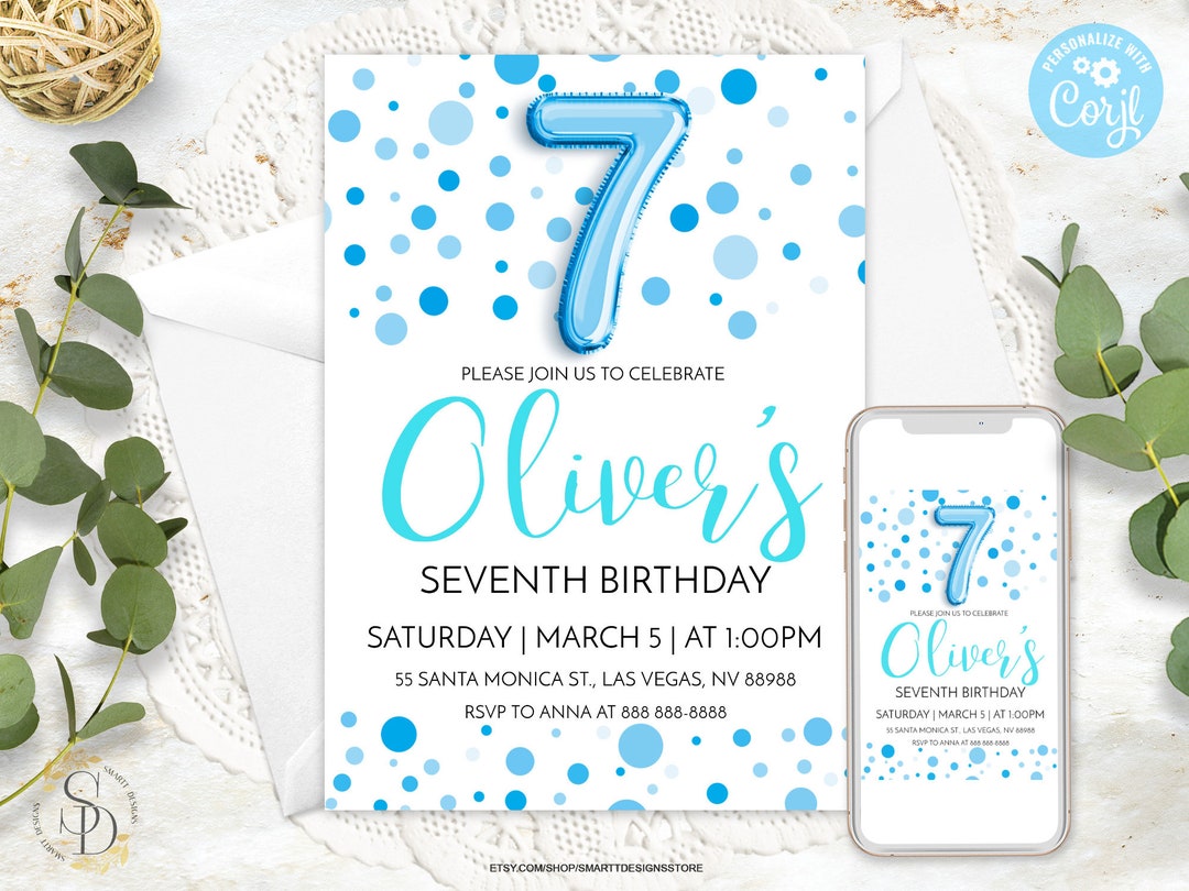Editable Boy Seventh Birthday Invitation, Boy 7th Birthday Party Polka ...