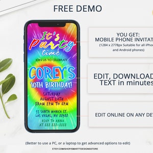 Editable It's Party Time Birthday Mobile Phone Invite, Gender Neutral ...