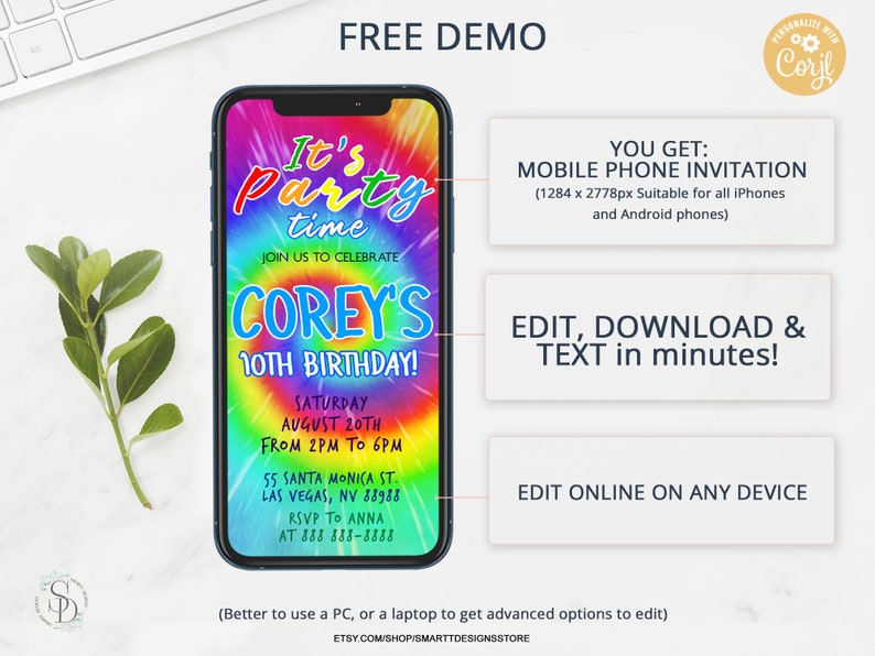 Editable It's Party Time Birthday Mobile Phone Invite, Gender Neutral ...