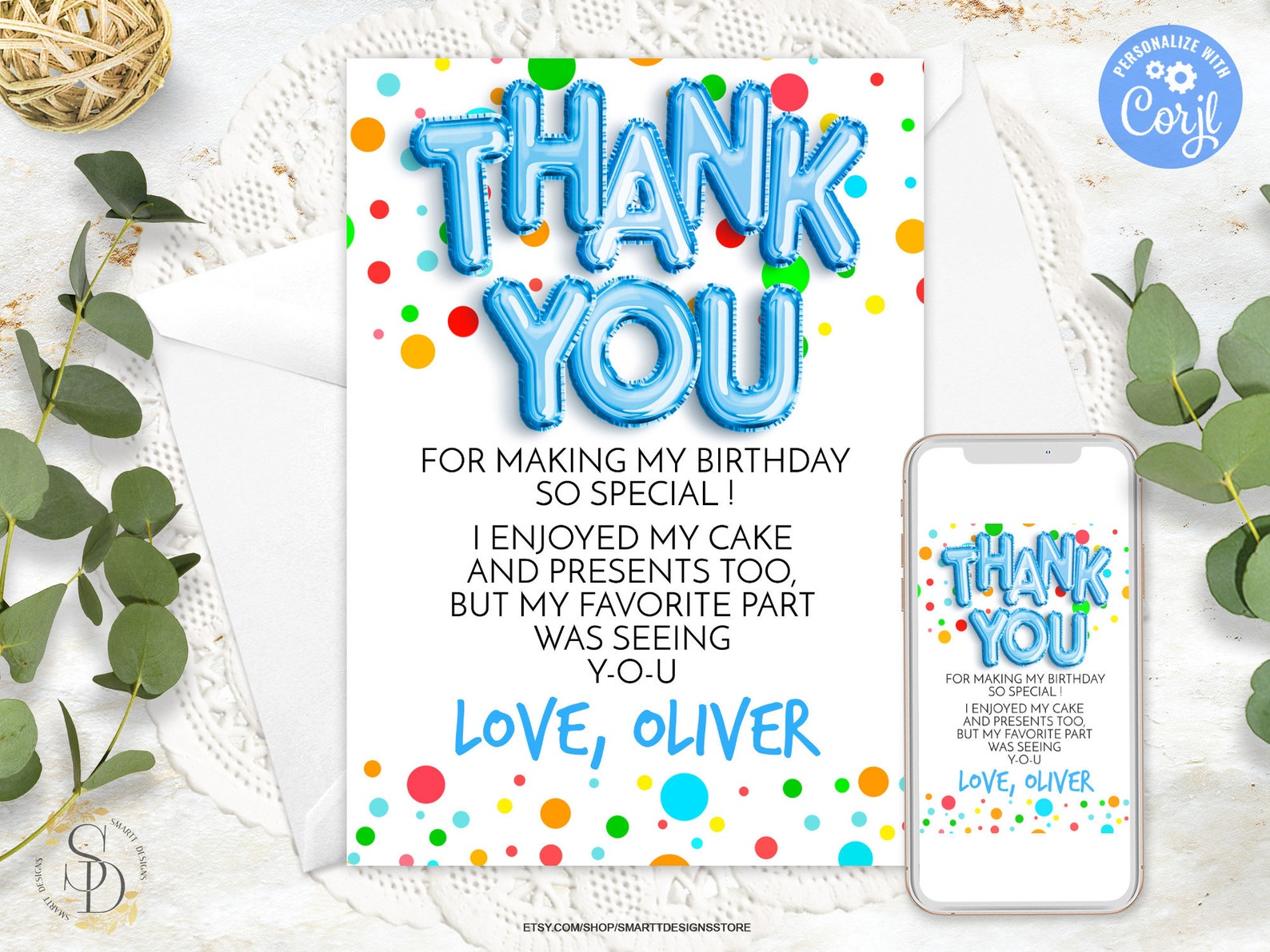 Editable Boy Birthday Thank You Card Rainbow Polka Dots, Baby Balloon ...