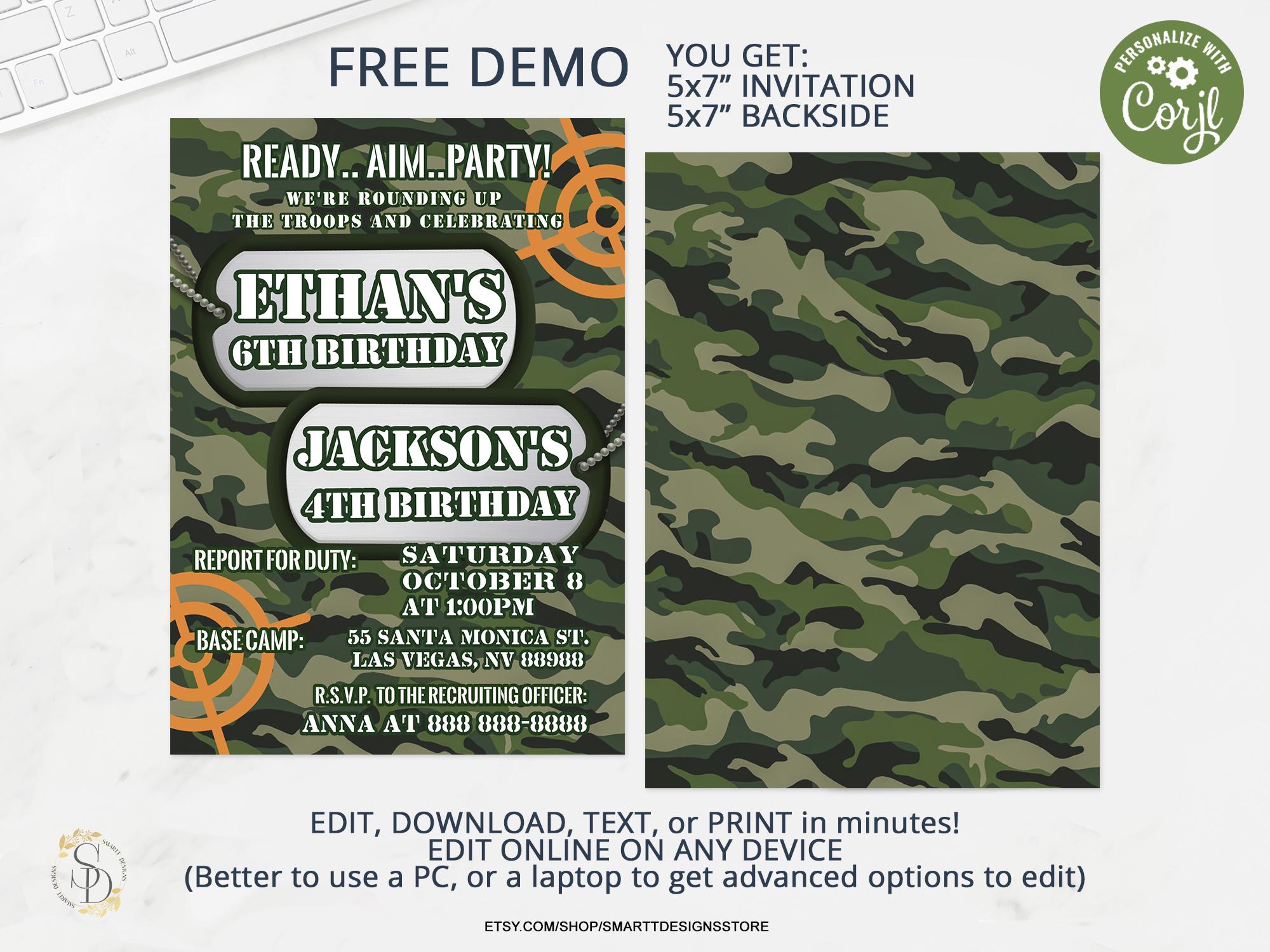Editable Army Birthday Invitation, Military Theme Invite, Army Party ...