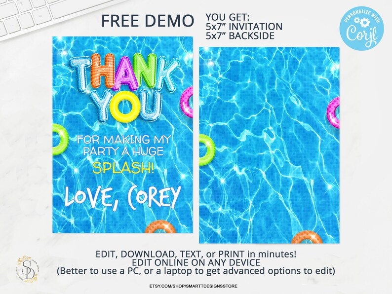 Editable Summer Pool Party Thank You Card, Kids Pool Birthday Thank You ...