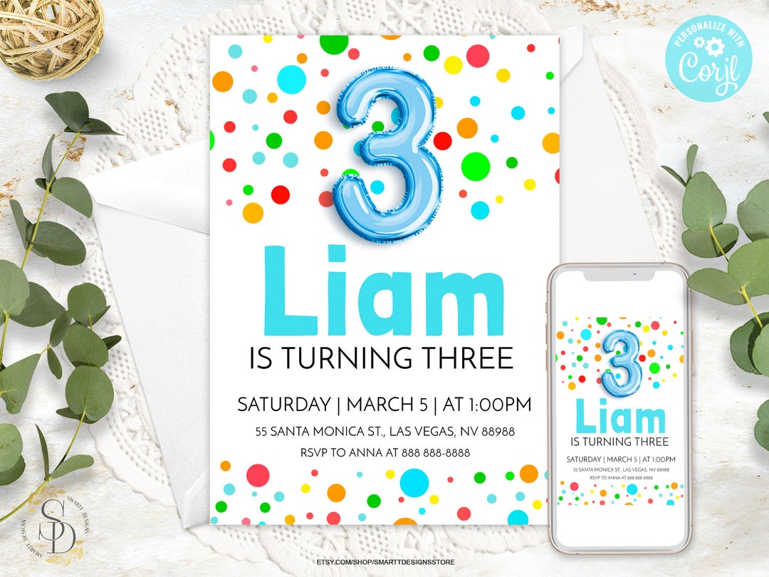 Editable Boy 3rd Birthday Polka Dots Invitation, Boy Third Party Ballon ...