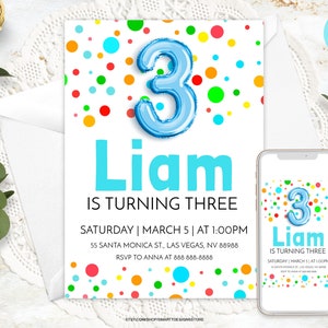Editable Boy 3rd Birthday Polka Dots Invitation, Boy Third Party Ballon ...