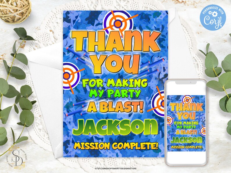 Editable Dart Gun Birthday Thank You Card Gun Blasters Battle - Etsy