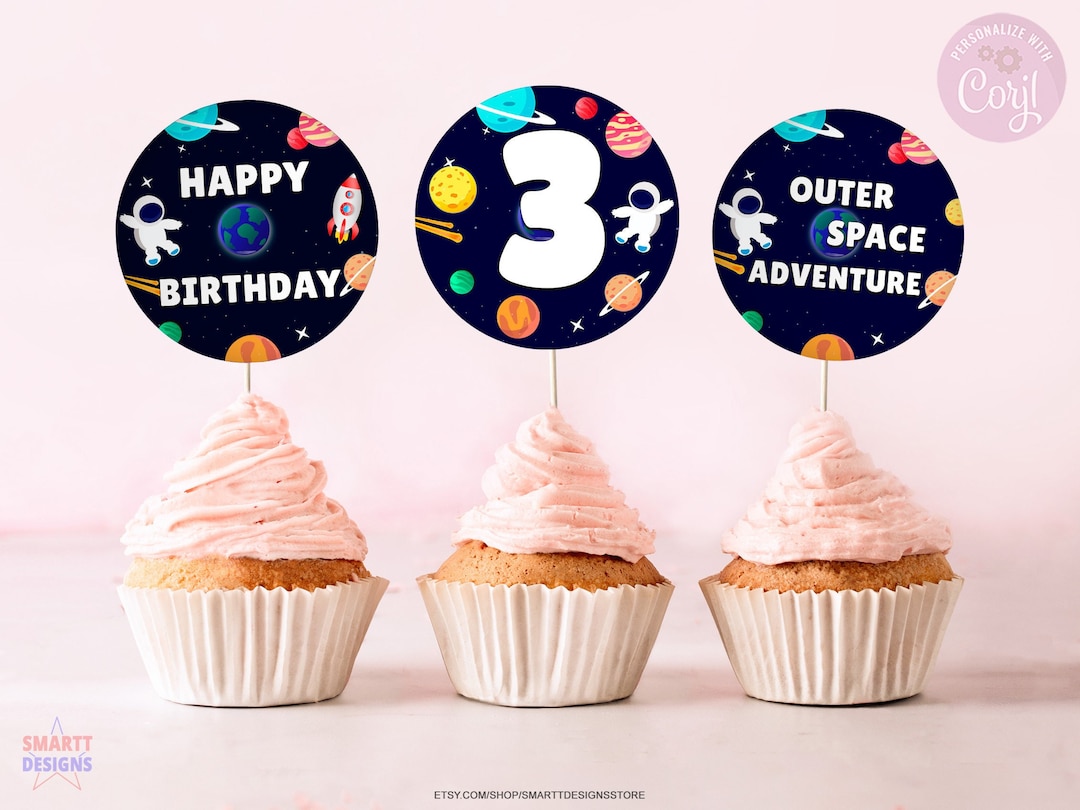 Editable Outer Space Cupcake Toppers, Boy Happy Birthday Planets ...