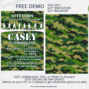 Editable Army Birthday Invitation, Military Party Invite, Army Party ...