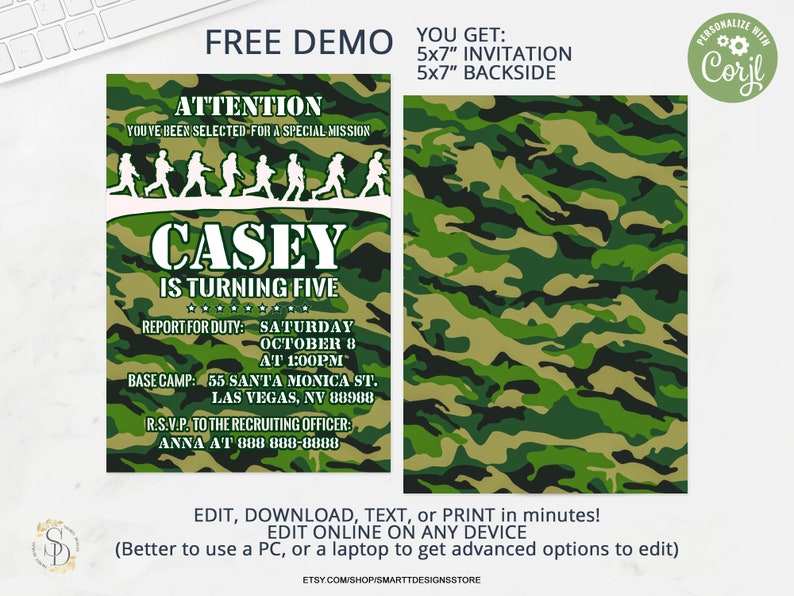 Editable Army Birthday Invitation, Military Party Invite, Army Party ...