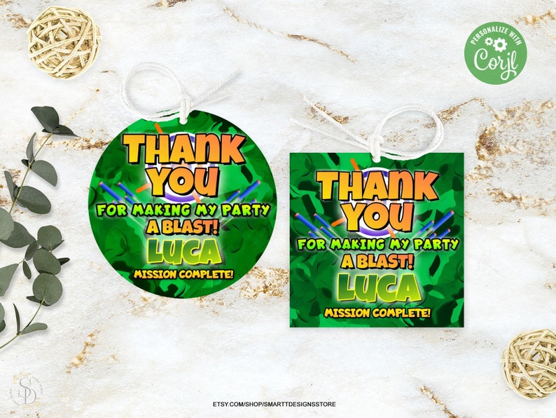 Editable Dart Gun Thank You Tags, Gun Blasters Battle Birthday ...