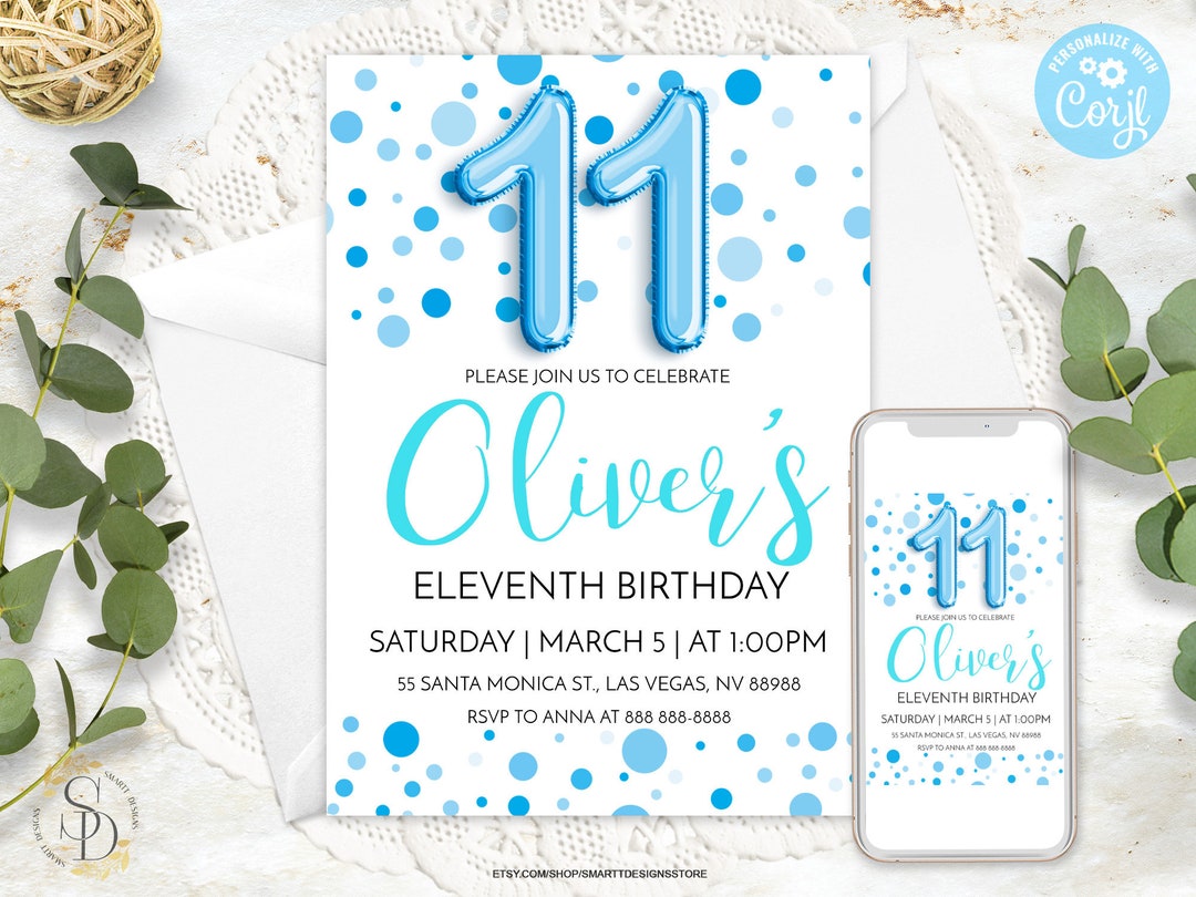 Editable Boy Eleventh Birthday Invitation, Boy 11th Birthday Party Polka Dots Invite, Round ...