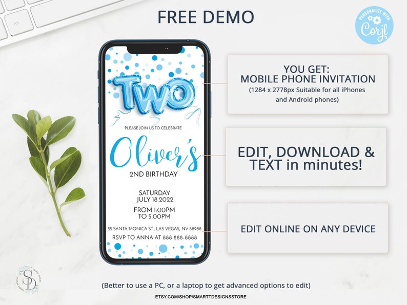 Editable Second Birthday Text Invite, Blue Polka Dots 2nd Birthday ...