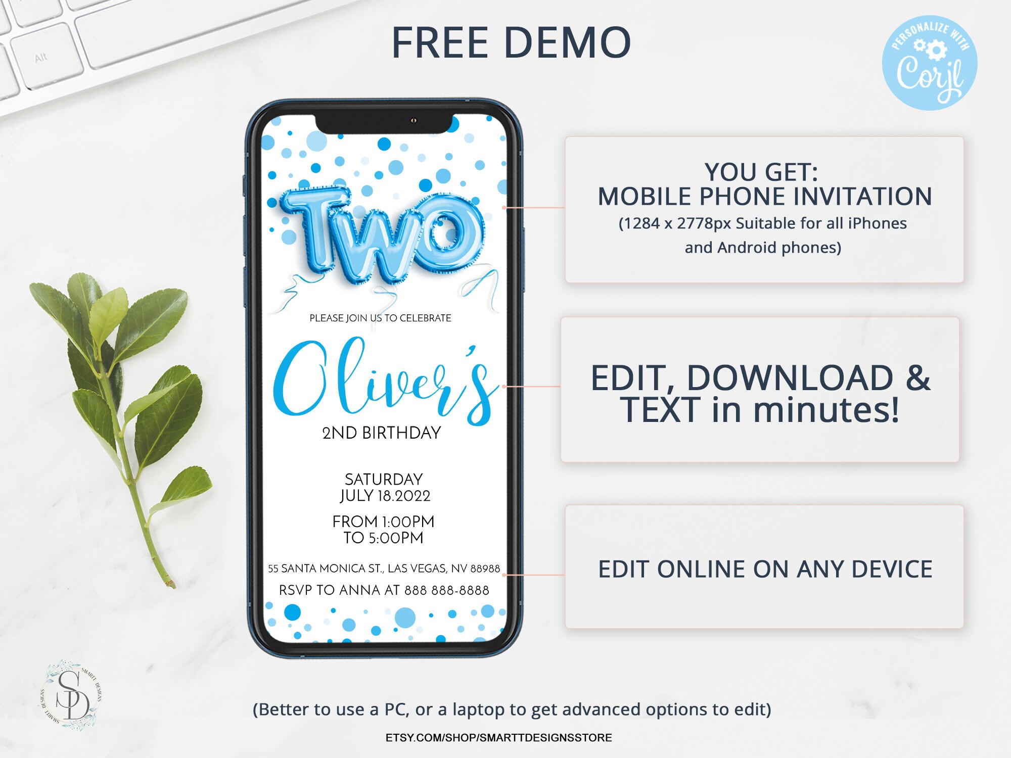 Editable Second Birthday Text Invite, Blue Polka Dots 2nd Birthday ...