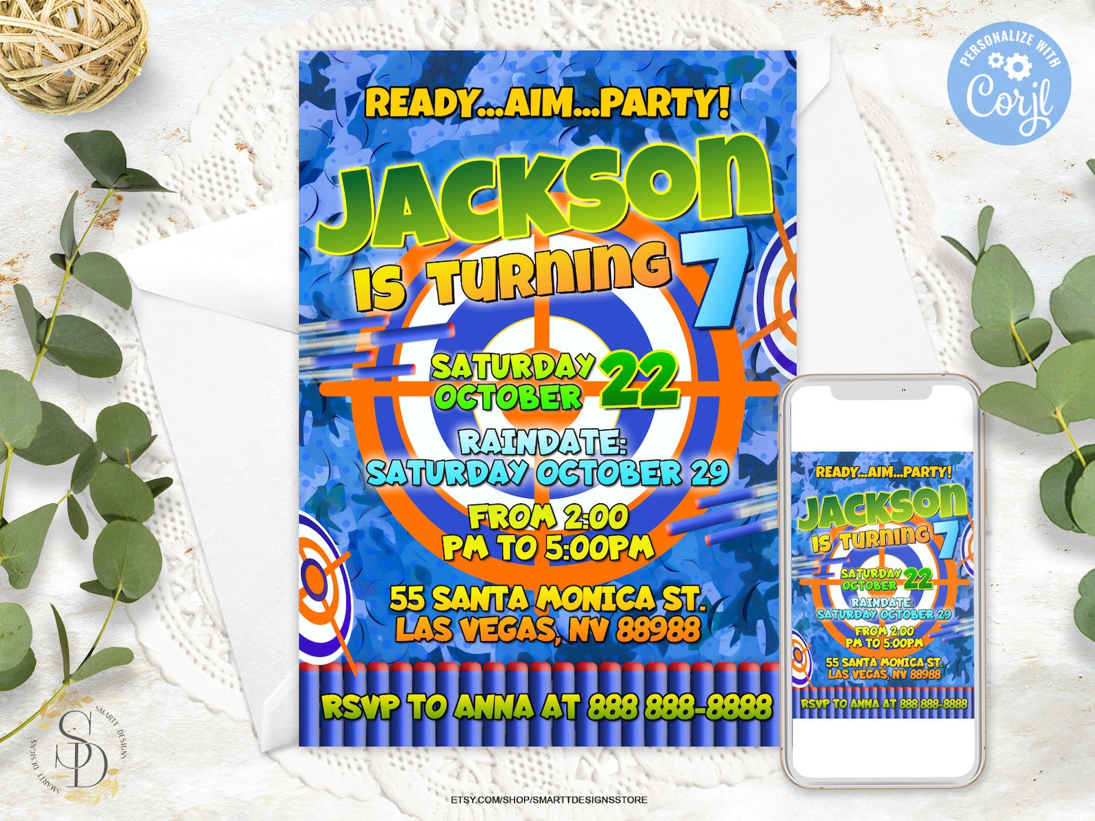Editable Dart Gun Birthday Invitation, Gun Blasters Battle Party Invite ...