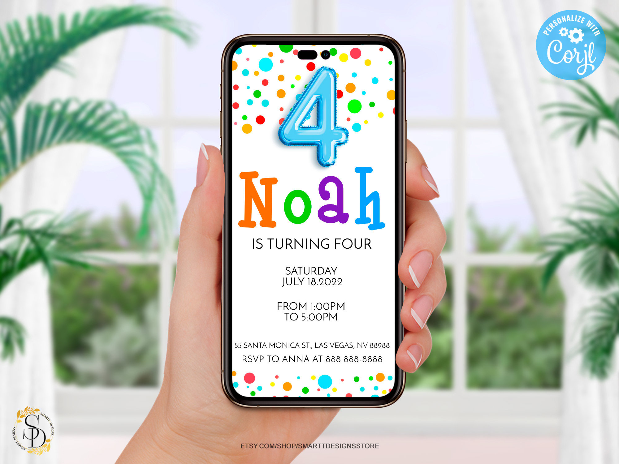 Editable Boy 4th Birthday Polka Dots Invitation, Boy Fourth Party ...