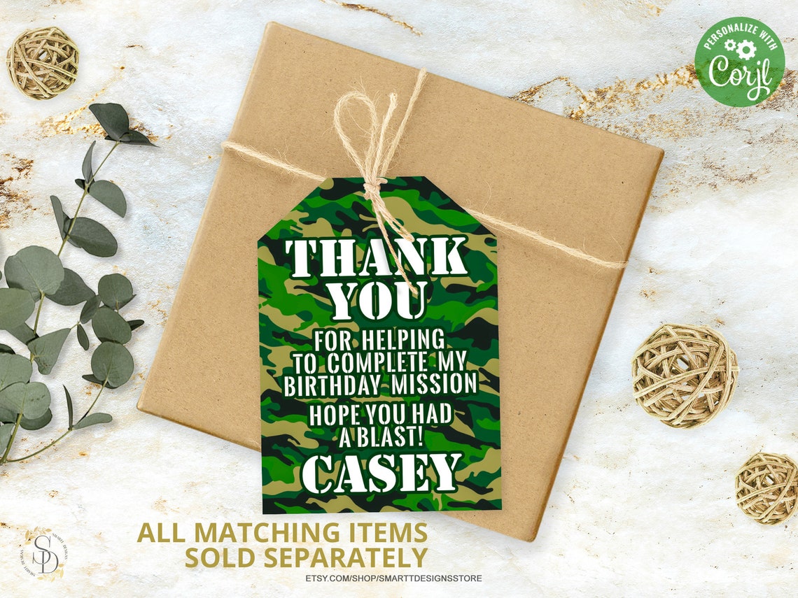 Editable Army Birthday Thank You Tags Boy Military Party - Etsy