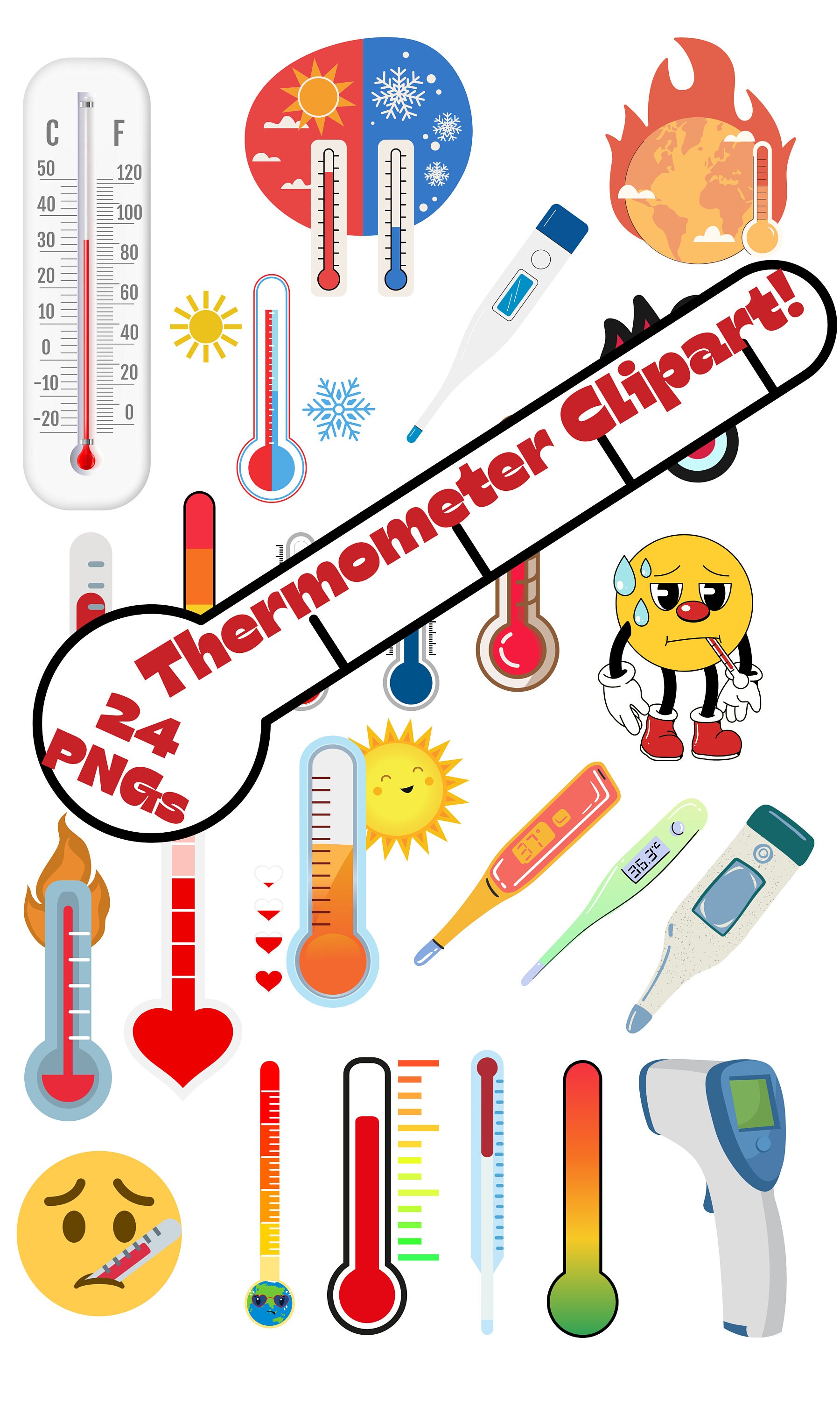 Thermometer Clipart, Digital Download Pngs, Thermemoters PDF, Bundle ...
