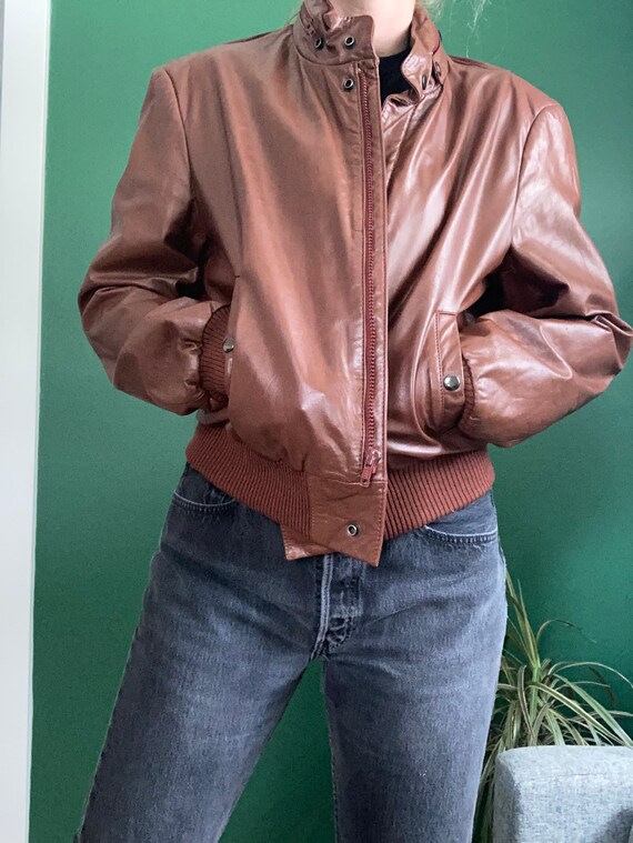 80s Vintage medium brown leather racer jacket - Gem
