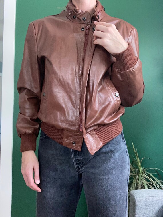 80s Vintage medium brown leather racer jacket - Gem