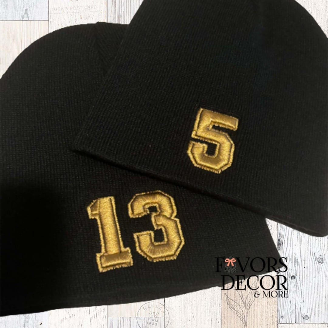 Line Number Embroidered Beanie With Black and Gold or Gold Number Alpha ...