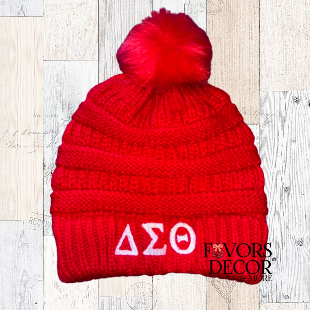 Delta Sigma Theta Greek Letters Pom Pom Beanie Hat, Red Sorority Beanie ...
