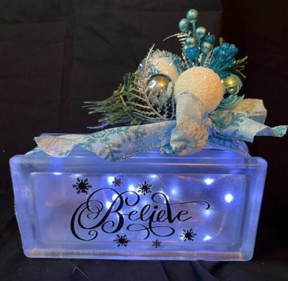 Winter/christmas Decor "believe" Glass Block Unique Gift Lighted Glass ...