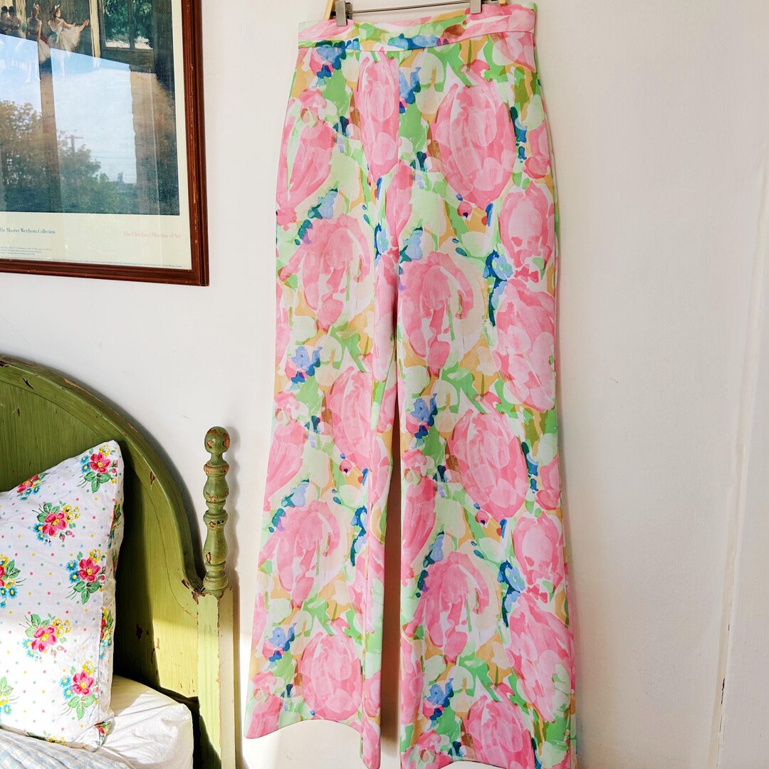 70s Floral Pastel Pants Vintage Slacks Trousers Retro Dress Pants Boho ...