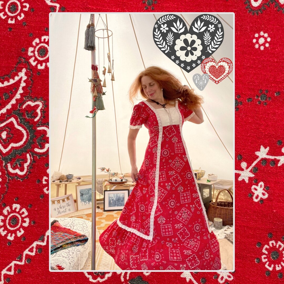 Vintage Americana Red Bandana Print Hippie Corset Lace-up Maxi Dress ...