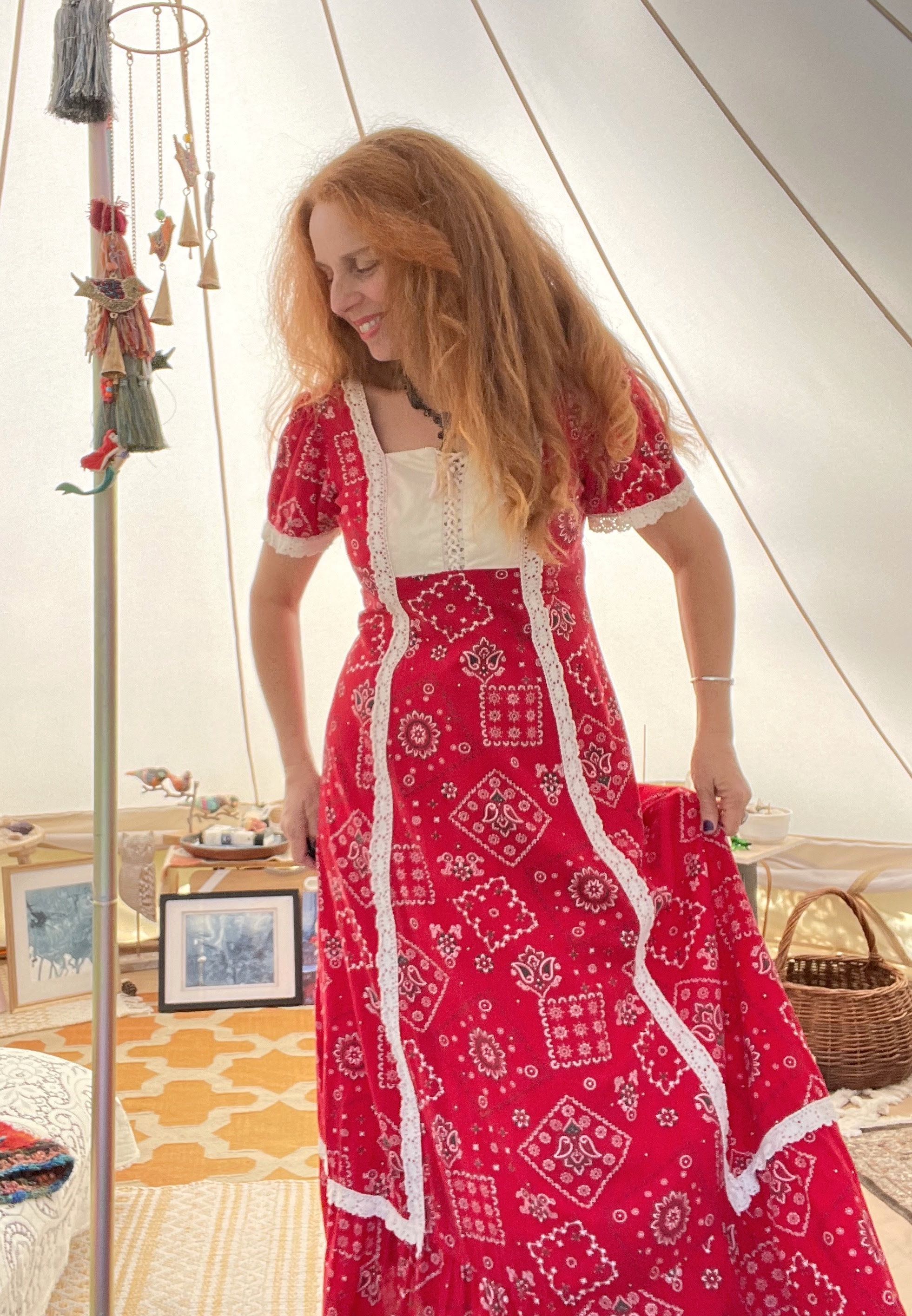 Vintage Americana Red Bandana Print Hippie Corset Lace-up Maxi Dress ...