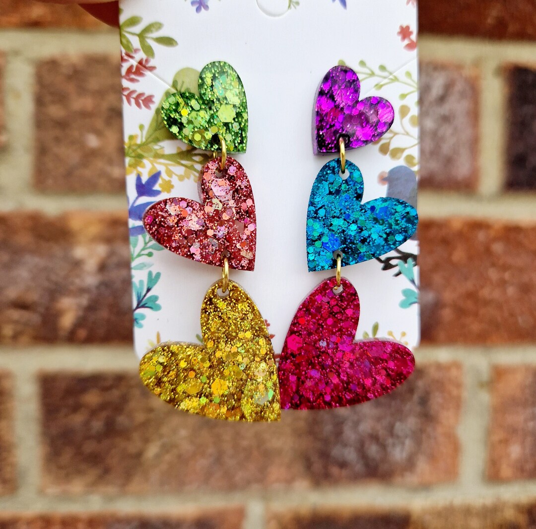 Large Glitter Heart Statement Earrings Bright Earrings - Etsy UK