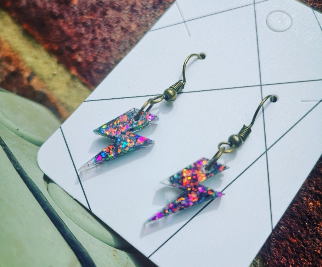 Handmade Lightning Bolt Earrings: Black Rainbow Glitter, Hypoallergenic ...