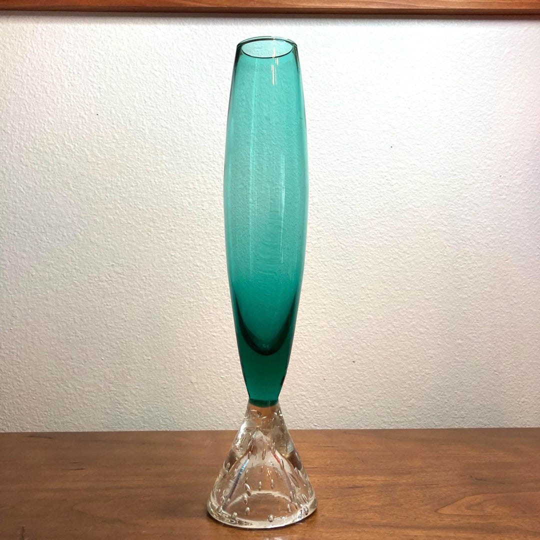 Vintage MCM Teal Blue Glass Vase With Controlled Bubble Footed Base ...