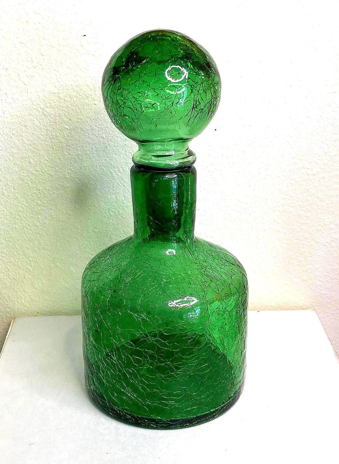 VTG 1960s Crackle Glass Green Decanter, Large Round Stopper, Mid ...