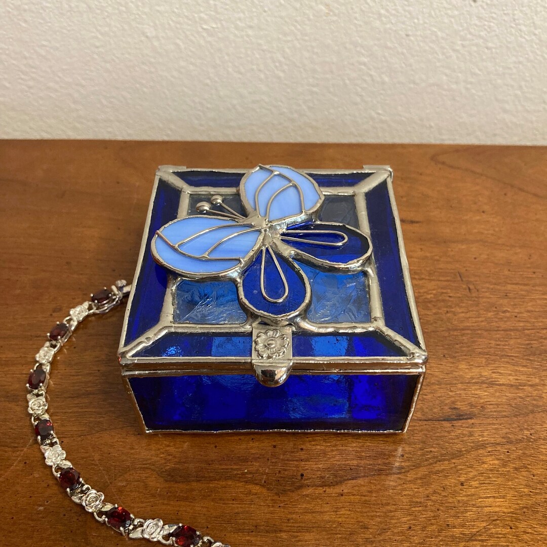 Vintage Cobalt Blue Stained Glass Butterfly Ring Box With 3D Medallion ...
