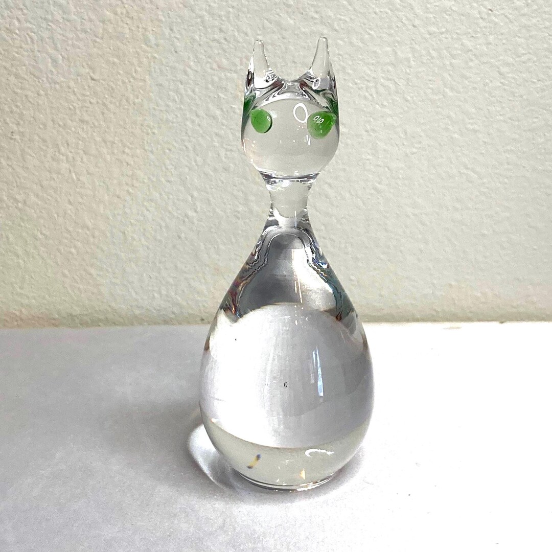Mid Century Art Glass Cat Paperweight, Gullaskruf Sweden, Emerald Eyes ...